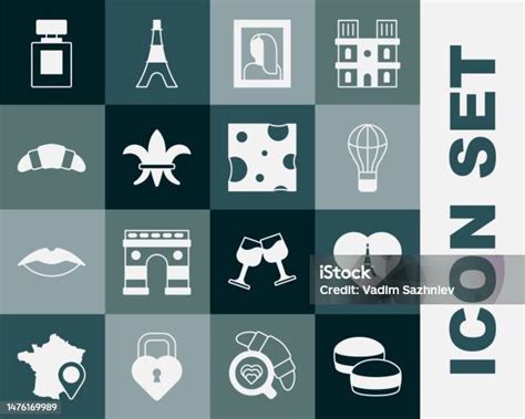 마카롱 쿠키 심장이 있는 에펠탑 열기구 박물관의 초상화 그림 플뢰르 드 리스 크루아상 향수 및 치즈 아이콘을 설정합니다 벡터 건축에 대한 스톡 벡터 아트 및 기타 이미지