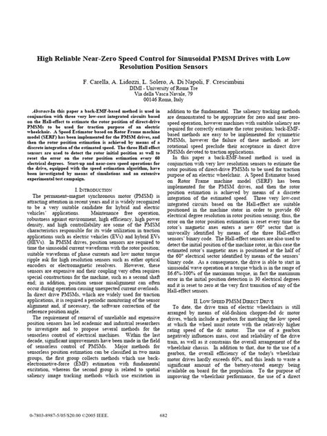 High Reliable Near Zero Speed Control For Sinusoidal Pmsm Drives With L Pdf Electric Motor
