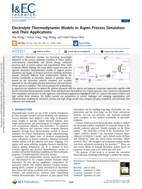 Wang Et Al 2022 Electrolyte Thermodynamic Models In Aspen Process Simulators And Their