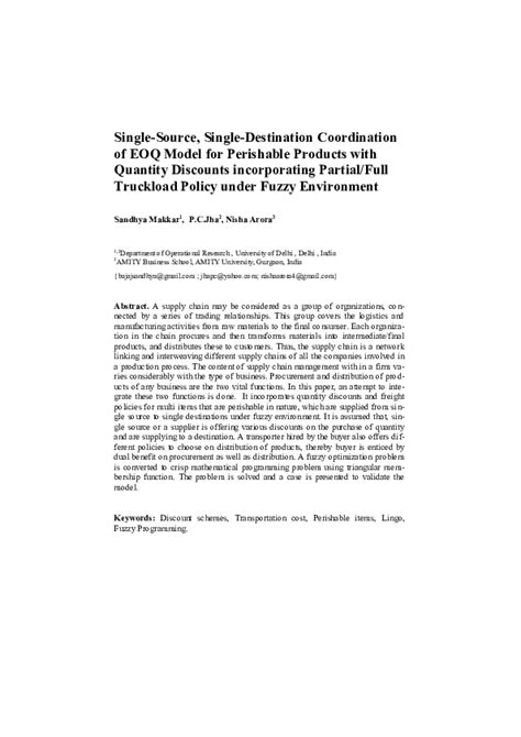 Pdf Single Source Single Destination Coordination Of Eoq Model For Perishable Products With