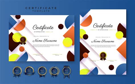 고급 배지와 현대적인 라인 패턴이있는 업적 테두리 템플릿의 현대 파란색 인증서 수상 비즈니스 및 교육 요구 사항 0명에 대한 스톡 벡터 아트 및 기타 이미지 Istock