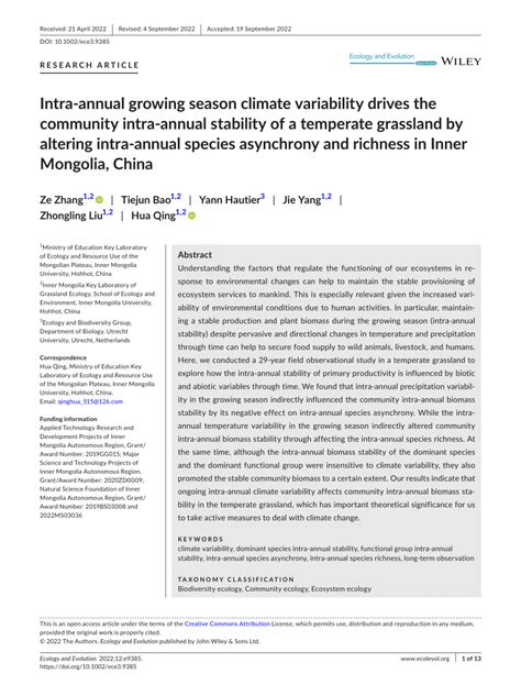 Pdf Intra Annual Growing Season Climate Variability Drives The Community Intra Annual