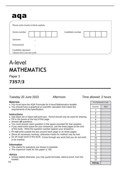 Aqa A Level Mathematics 7357 3 Question Paper And Mark Scheme June2023 Stuvia Us