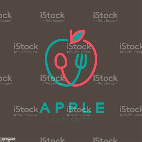 애플 과일 포크와 숟가락 상징 아이콘 개요 획 디자인 그림 애플 원본과 복사 공간 벡터 Eps10와 갈색 배경에 격리 설정 0명에 대한 스톡 벡터 아트 및 기타 이미지