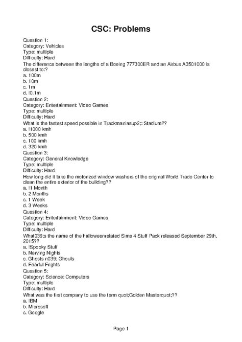 CSC Analysis CSC Problems Question Category Vehicles Type Multiple Difficulty Hard