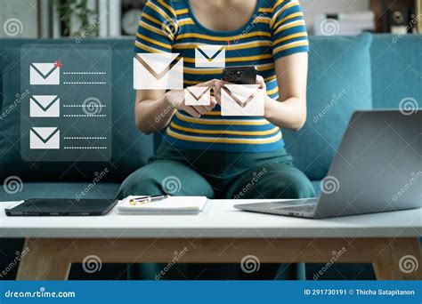 Email Notification Concept Women Use Smartphone And Laptop Receive Message Alert In The Mailbox