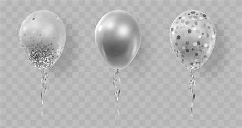 3 개의 사실적인 풍선 은색 색종이 조각 종이 원 및 리본으로 투명한 세트 카드 파티 디자인 전단지 포스터 장식 배너 웹 광고에 대 한 벡터 일러스트 레이 션 3차원 형태에