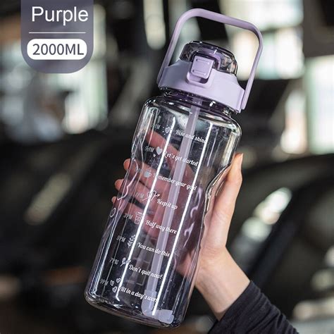 휴대용 시간 표시 투명 물병 대용량 스포츠 물컵 빨대 피트니스 플라스틱 컵 2 리터 Aliexpress