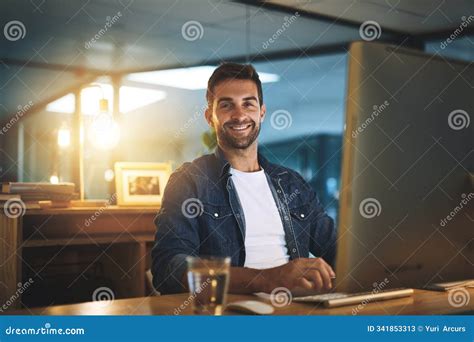 Computer Night And Portrait Of Man In Office For Software Development And Data Analytics Of
