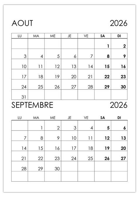 Calendrier Août Septembre 2026 Calendriersu