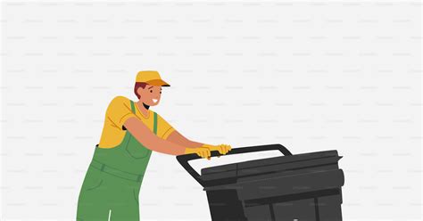 유니폼을 입은 청소부가 쓰레기통을 당깁니다 쓰레기 및 폐기물 재활용 도시 청소 서비스 작업 프로세스 직원이 쓰레기와 쓰레기를 거리의 재활용 쓰레기통으로 청소합니다