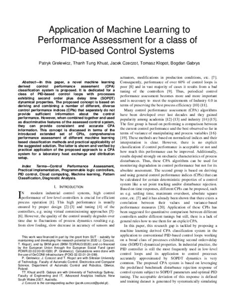 Pdf Application Of Machine Learning To Performance Assessment For A Class Of Pid Based Control