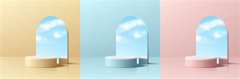 3d 분홍색 노란색 파란색 및 흰색 실린더 연단 배경 아치 거울 유리에 푸른 하늘 세트 미니멀한 벽 장면 모형 제품 무대 진열장 판촉 디스플레이 추상 벡터 기하학적 형태