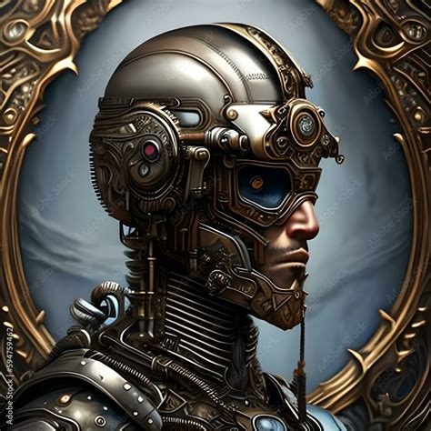 Futuristic And Sci Fi Human Android Portrait With Pcb Metallic Skin And