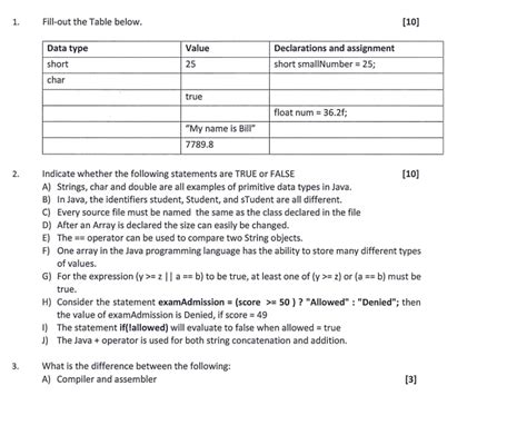Solved 1 Fill Out The Table Below 10 2 Indicate Whether