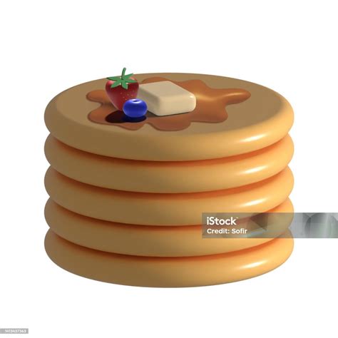흰 배경 3d 일러스트레이션에 메이플 시럽 버터 및 신선한 과일이 들어간 팬케이크의 푹신한 스택 3차원 형태에 대한 스톡 사진 및 기타 이미지 Istock