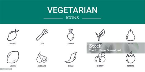 망고 부추 순무 잎 배 레몬 보고서 프리젠 테이션 다이어그램 웹 디자인 모바일 앱을위한 아보카도 벡터 아이콘과 같은 10 개의 개요 웹 채식 아이콘 세트 0명에 대한 스톡