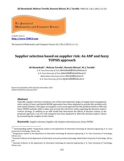 Pdf Supplier Selection Based On Supplier Risk An Anp And Fuzzy