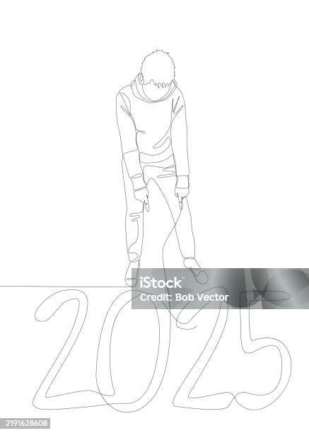숫자 2025를 손가락으로 가리키는 남자의 연속적인 한 줄 얇은 선 그림 벡터 개념입니다 윤곽선 그리기 창의적인 아이디어 12월에 대한 스톡 벡터 아트 및 기타 이미지