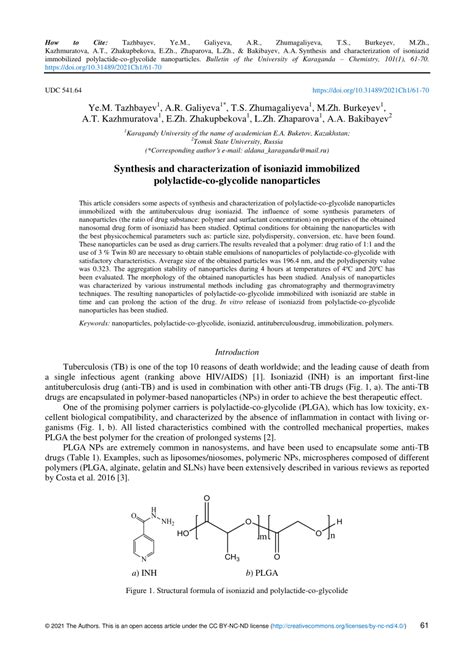 Pdf Synthesis And Characterization Of Isoniazid Immobilized Polylactide Co Glycolide Nanoparticles
