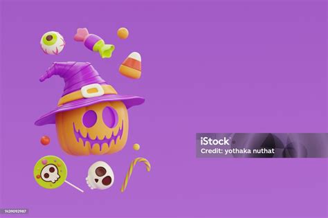 마녀 모자 화려한 사탕과 과자를 입은 잭오랜턴 호박 캐릭터가 보라색 배경에 떠 있는 해피 할로윈 3d 렌더링 0명에 대한 스톡 사진 및 기타 이미지 Istock