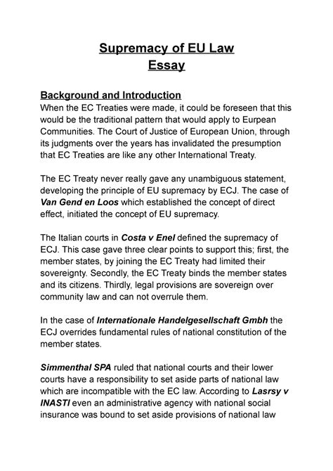 Supremacy Of Eu Law Essay Supremacy Of Eu Law Essay Background And Introduction When The Ec