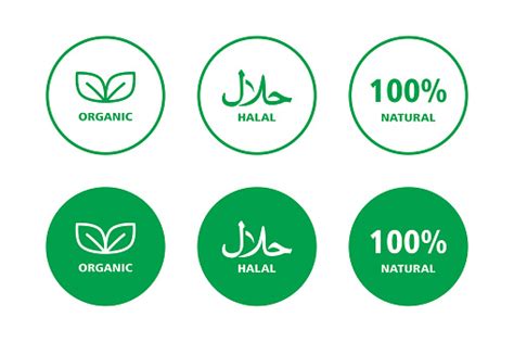 유기농 할랄 자연 식품 벡터 아이콘 세트입니다 이슬람 인증 제품 기호입니다 천연 식품식이 라벨 고급에 대한 스톡 벡터 아트 및 기타 이미지 Istock