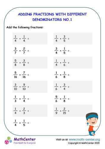 adding fractions with different denominators worksheet no 1