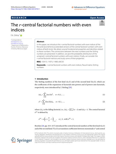 Pdf The R Central Factorial Numbers With Even Indices