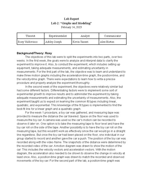 Lab 2 Report Physics Lab Section 8 Lab Report Lab 2 “graphs And Modeling” February 14 2023