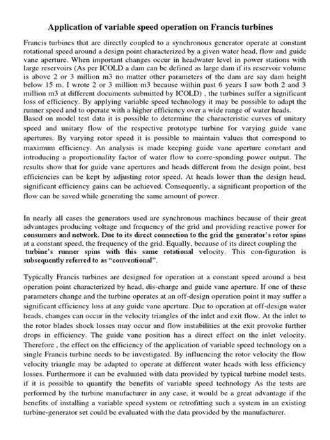 Variable Speed Operation On Francis Turbines Pdf Turbine Electric