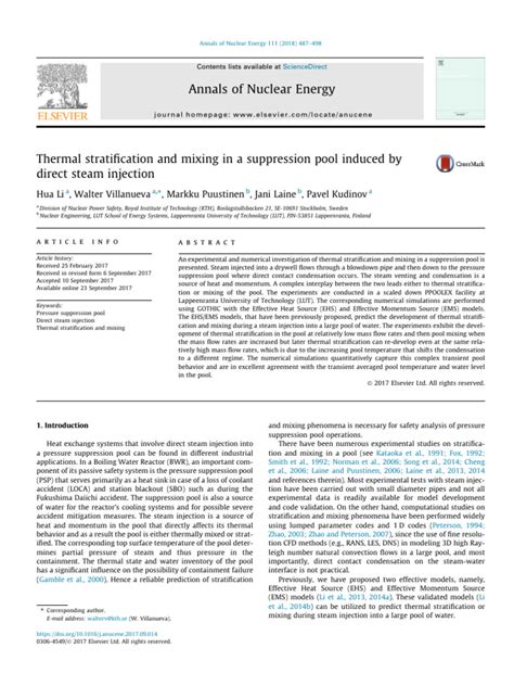 Thermal Stratification And Mixing In A Suppression Pool Induced By