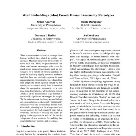 Word Embeddings Also Encode Human Personality Stereotypes Acl Anthology