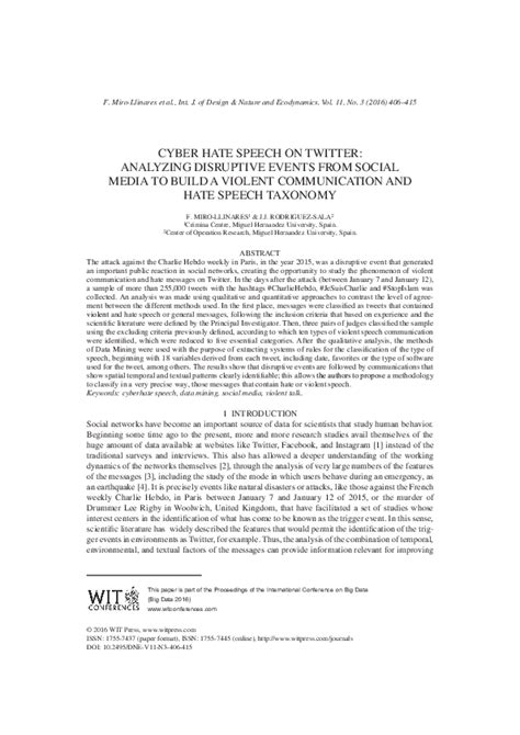 Pdf Cyber Hate Speech On Twitter Analyzing Disruptive Events From Social Media To Build A