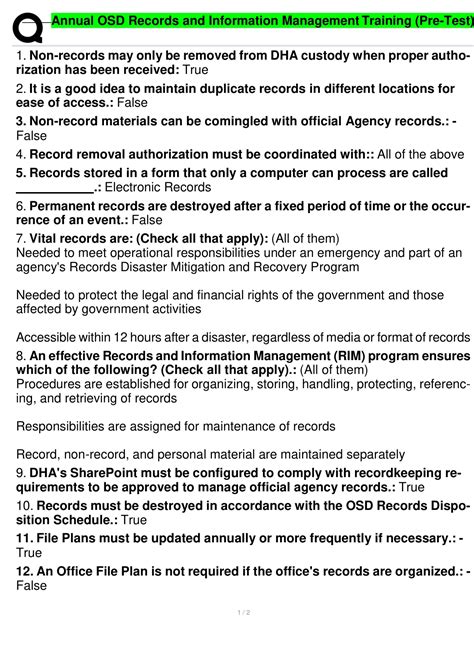 Annual Osd Records And Information Management Training Pre Test Annual Osd Stuvia Us
