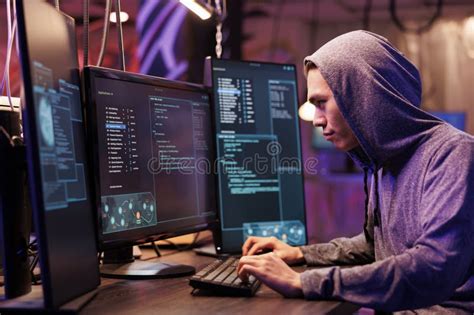 Asian Criminal In Hood Hacking Server Stock Image Image Of Coding