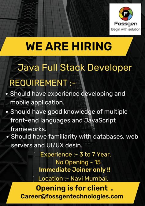 Fossgen Technologies On Linkedin Urgently Required Java Full Stack Developer Experience 3 To 7