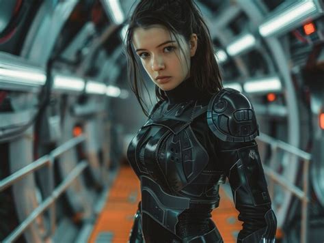 Futuristic Female Warrior In Hightech Environment Premium Ai