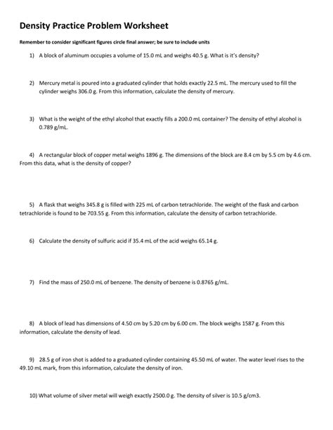 Density Calculations Worksheet Answer Key Db Excel