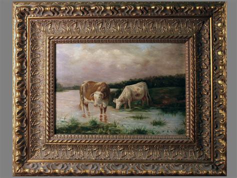 Неизвестный художник «Коровы у реки холст масло 35 × 47 см Западная Европа — Антикварная