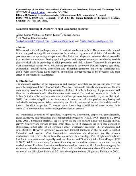 Pdf Numerical Modeling Of Offshore Oil Spill Weathering Processes