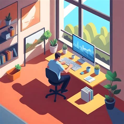 Premium Photo A Cartoon Of A Man Working At A Computer Desk