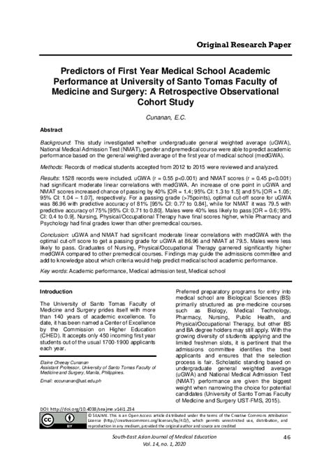 Pdf Predictors Of First Year Medical School Academic Performance At