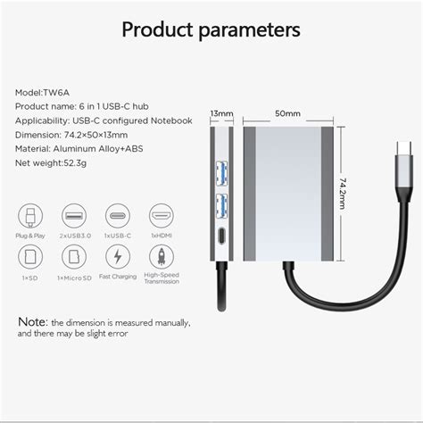 Basix TW6A 6 In 1 USB C Type C To 2 USB 3 0 USB C Type C HDMI Interfaces HUB Adapter