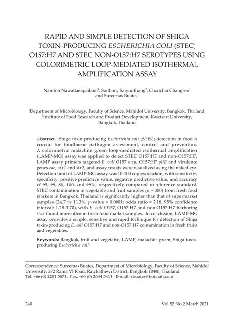 Pdf Rapid And Simple Detection Of Shiga Toxin Producing Escherichia Coli Stec O157 H7 And
