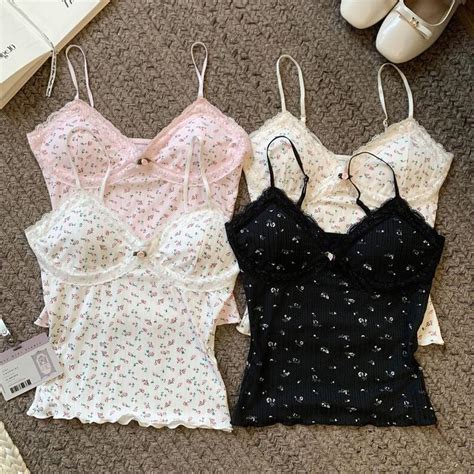 Kamisol Bunga Renda Manis Gaya Comel Dan Seksi Dengan Pad Dada Untuk Wanita Slim Fit Baju