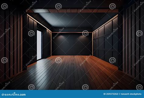 Inside A Modern Classic Black Empty Space With Wooden Floors Stock