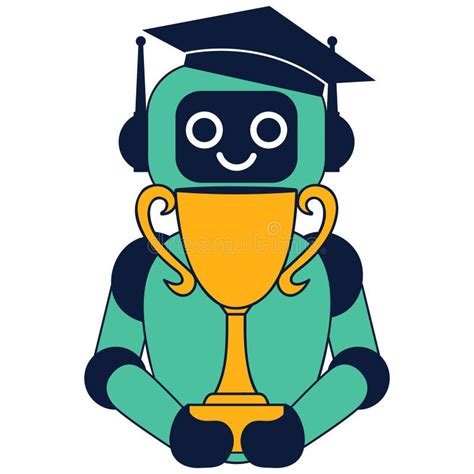 Cute Robot In Graduation Cap Presents Cup Stock Vector Illustration Of Hand Artificial