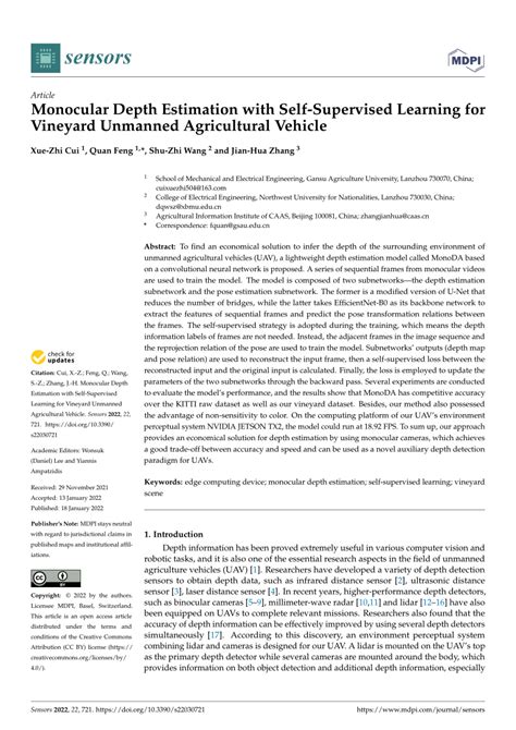 PDF Monocular Depth Estimation With Self Supervised Learning For Vineyard Unmanned