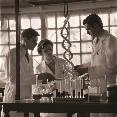 Scientists Studying DNA Helix Model In Lab Premium AI Generated Image